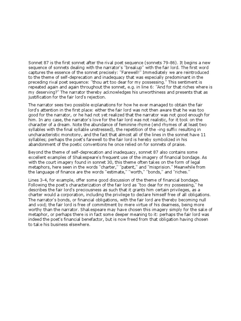 Sonnet 87 Is The First Sonnet After The Rival Poet Sequence | PDF ...