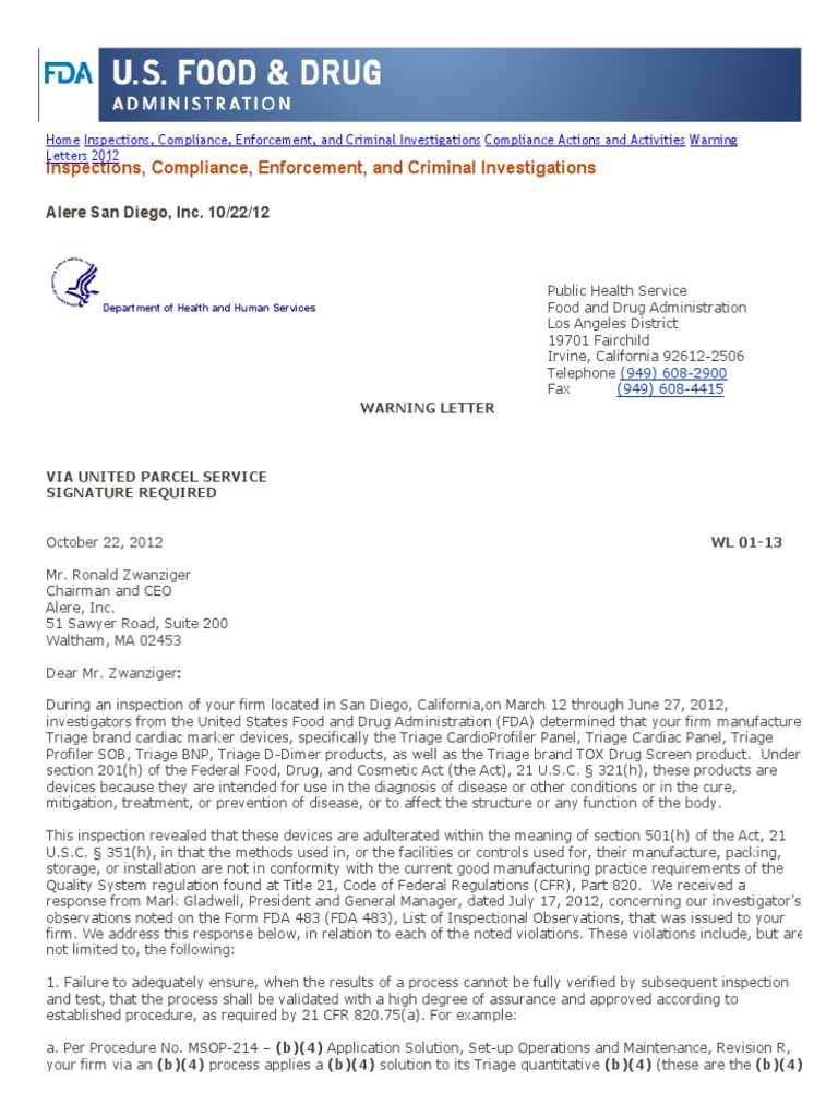 2012 FDA Warning Letter To Alere | PDF | Verification And Validation ...