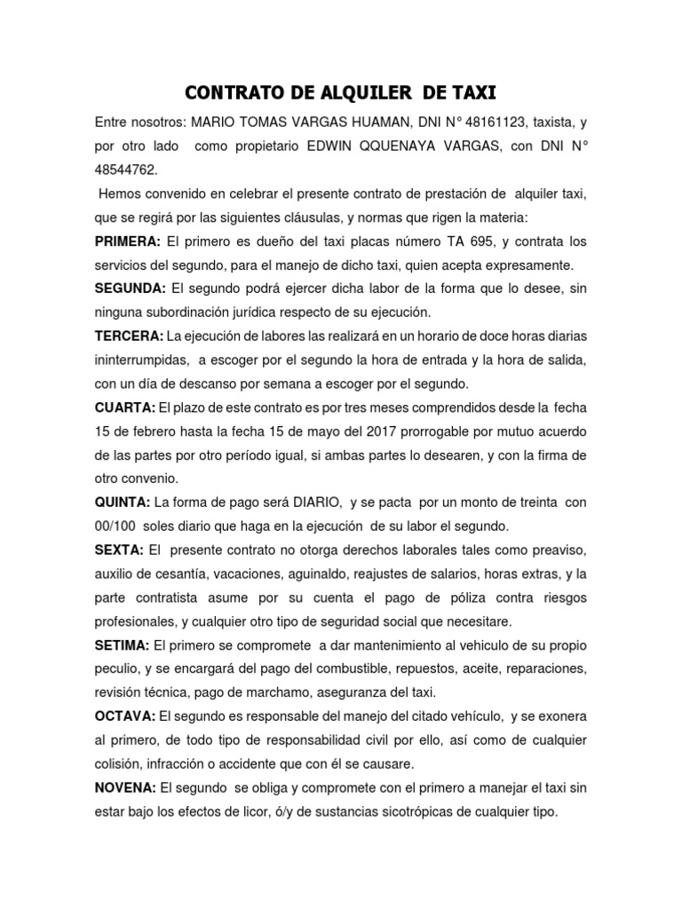 Contrato de Alquiler de Taxi 2017 | PDF | Pagos | Póliza de seguros