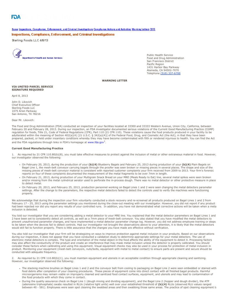 2013 FDA Warning Letter To Sterling Foods LLC 4-8-13 | PDF | Food And ...