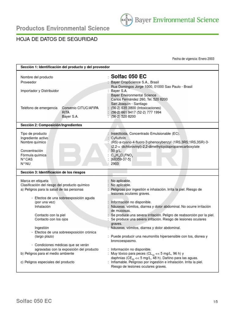 Hoja de Seguridad Solfac 050 Ec | PDF | Contaminación | Agua