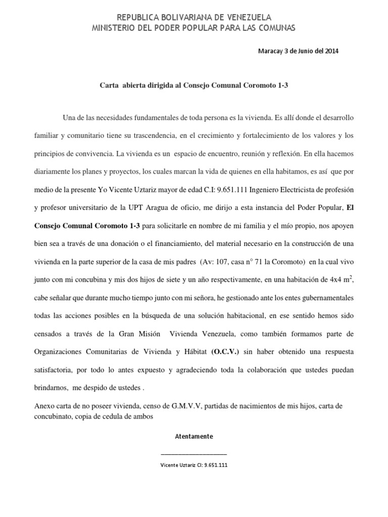 Carta Del Consejo Comunal | PDF