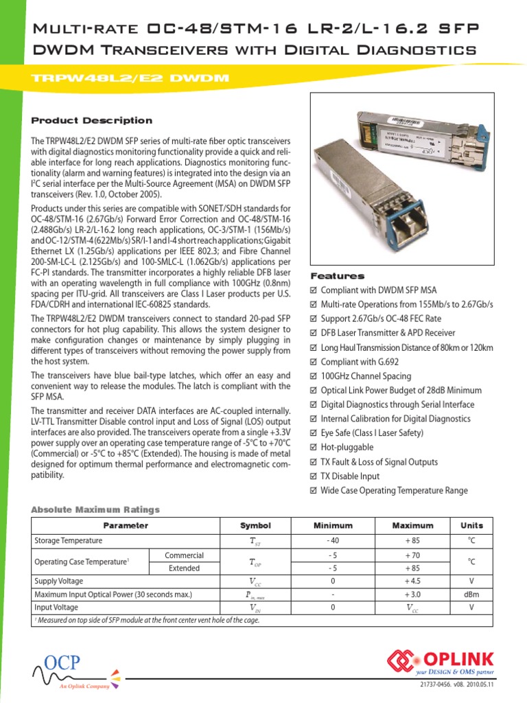 Multi-Rate OC-48/STM-16 LR-2/L-16.2 SFP DWDM Transceivers With Digital ...