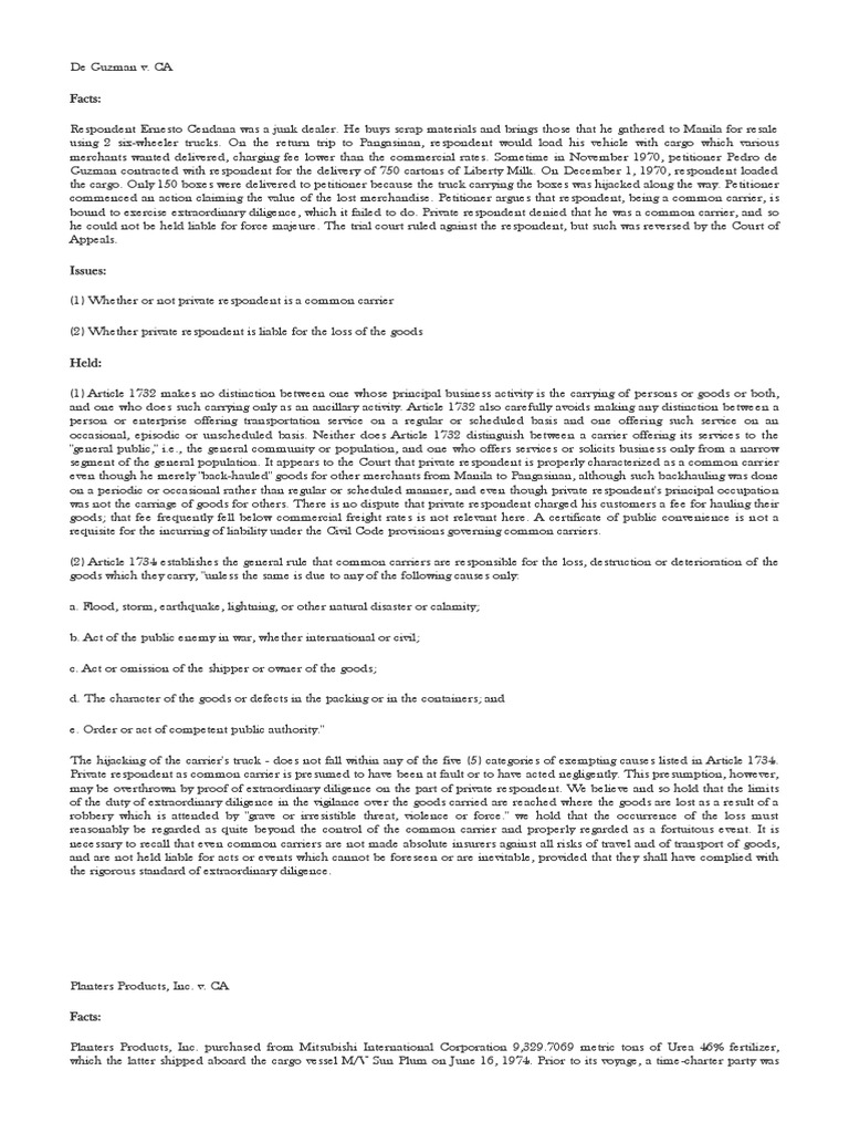 Cases On Common Carriers | PDF | Common Carrier | Cargo