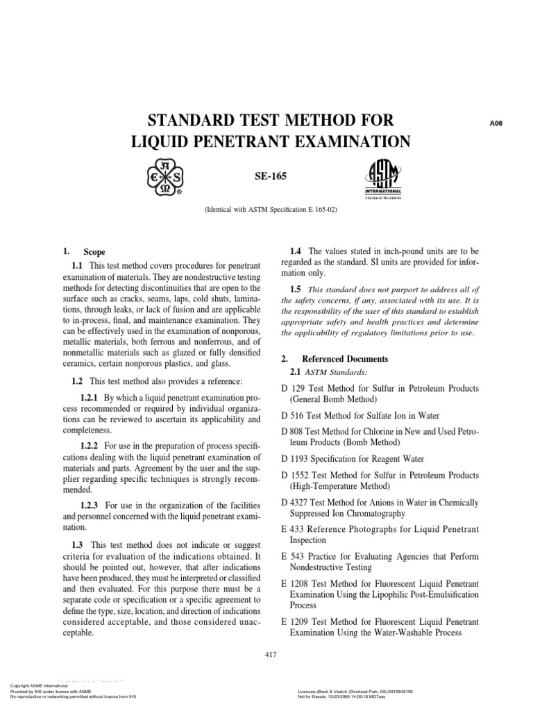Standard Test Method For Liquid Penetrant Examination: (Identical With ...