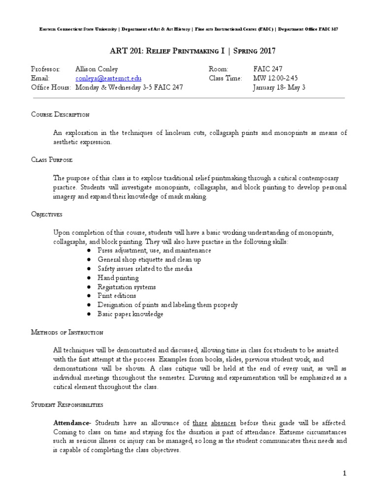Art 201 Syllabus | PDF | Printmaking | Academic Dishonesty