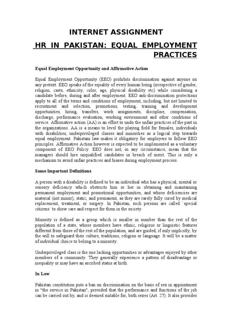 Internet Assignment HR in Pakistan: Equal Employment Practices | PDF ...