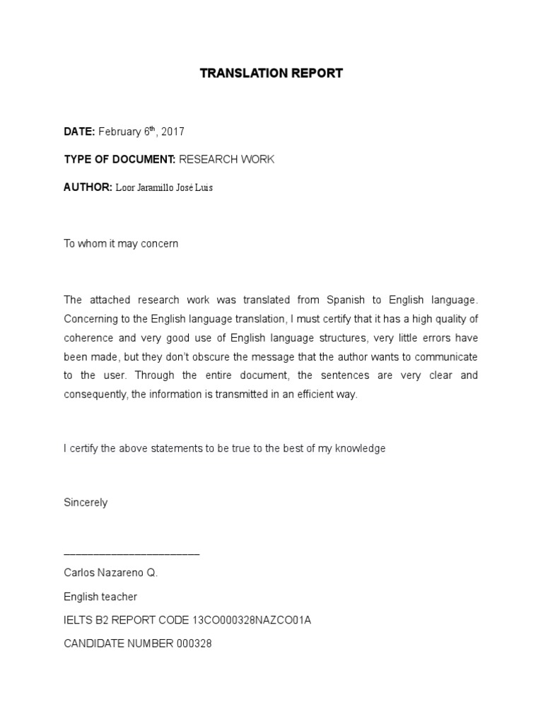 Translation Report: DATE: February 6 Type of Document: Research Work ...