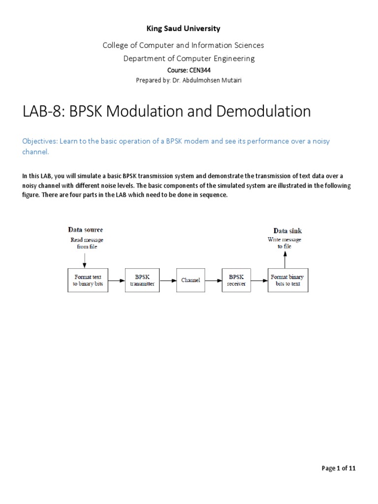 Lab 8 Bpsk Modulation And Demodulation Pdf Modulation Signal To Noise Ratio