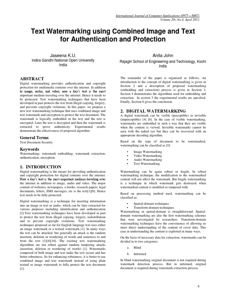 Text Watermarking Using Combined Image and Text For Authentication and Protection | PDF ...