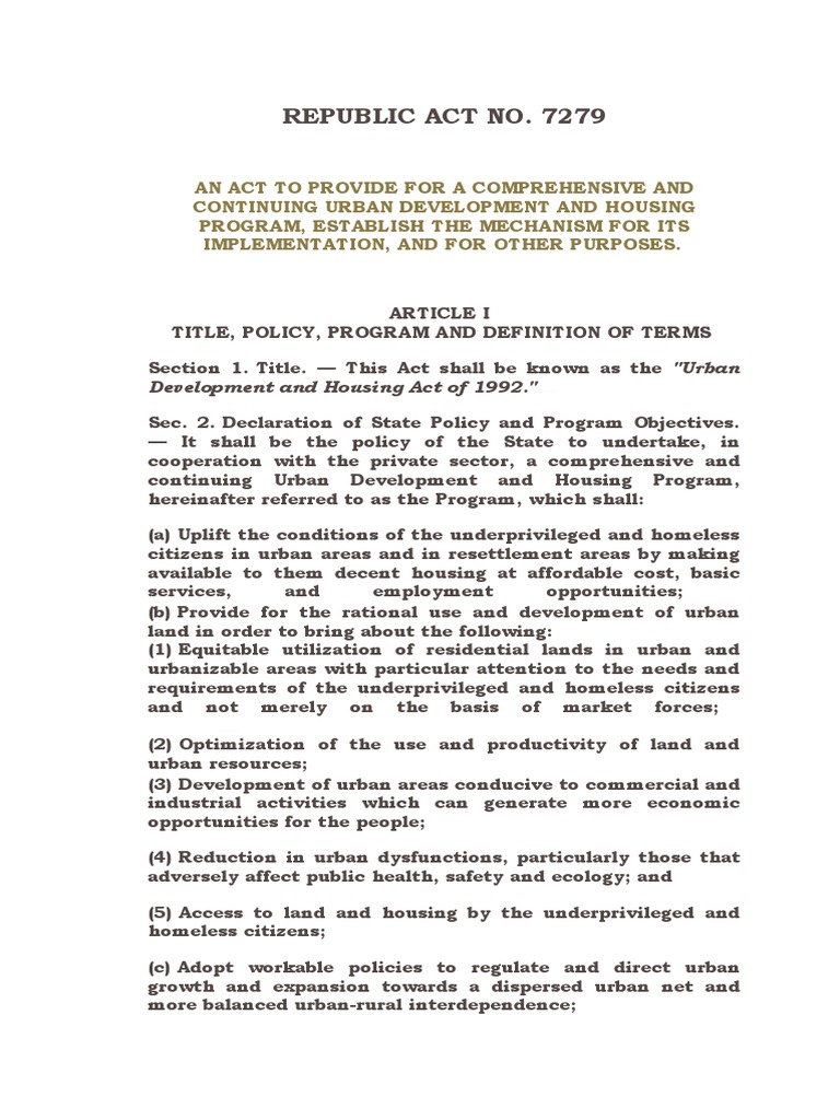 Ra 7279 | Download Free PDF | Squatting | Eminent Domain