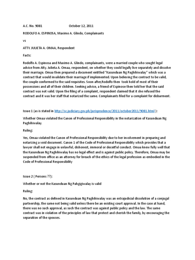 Case 168 - Rodolfo A. Espinosa Vs Atty. Julieta A. Omaa | PDF