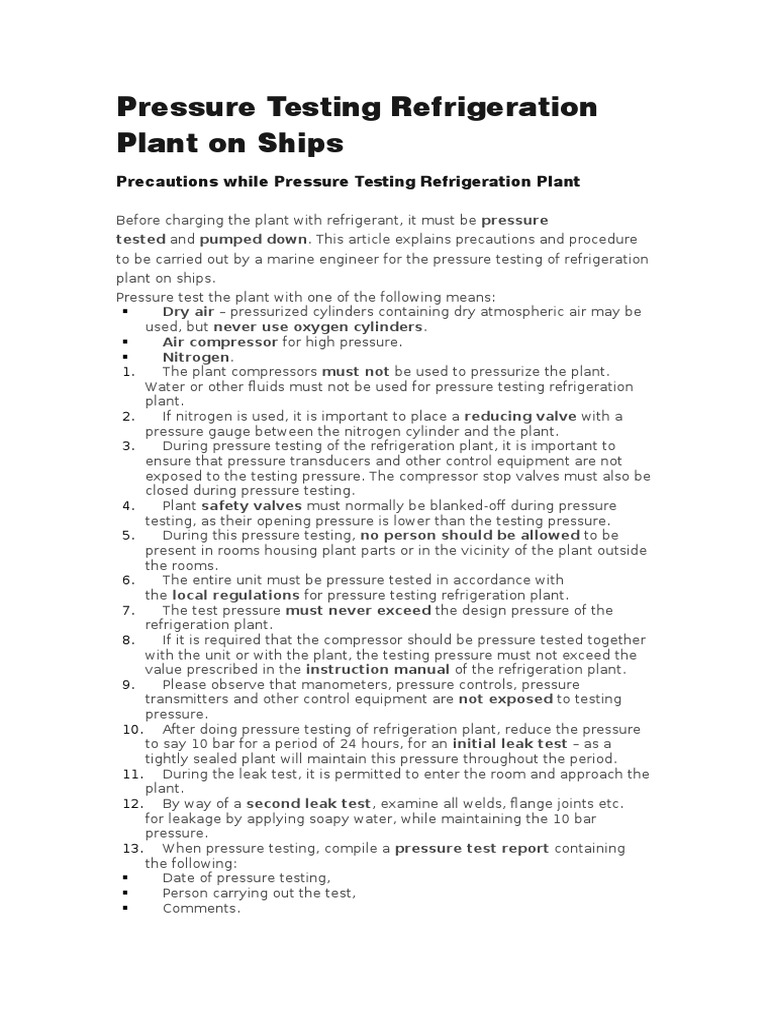 Pressure Testing Refrigeration on Ships | PDF | Leak | Pressure