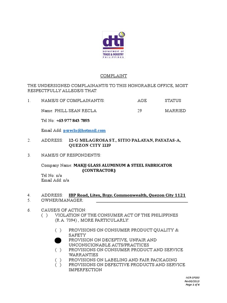 40 NCR-SF050 - Complaint Form (1) | Virtue | Government Information