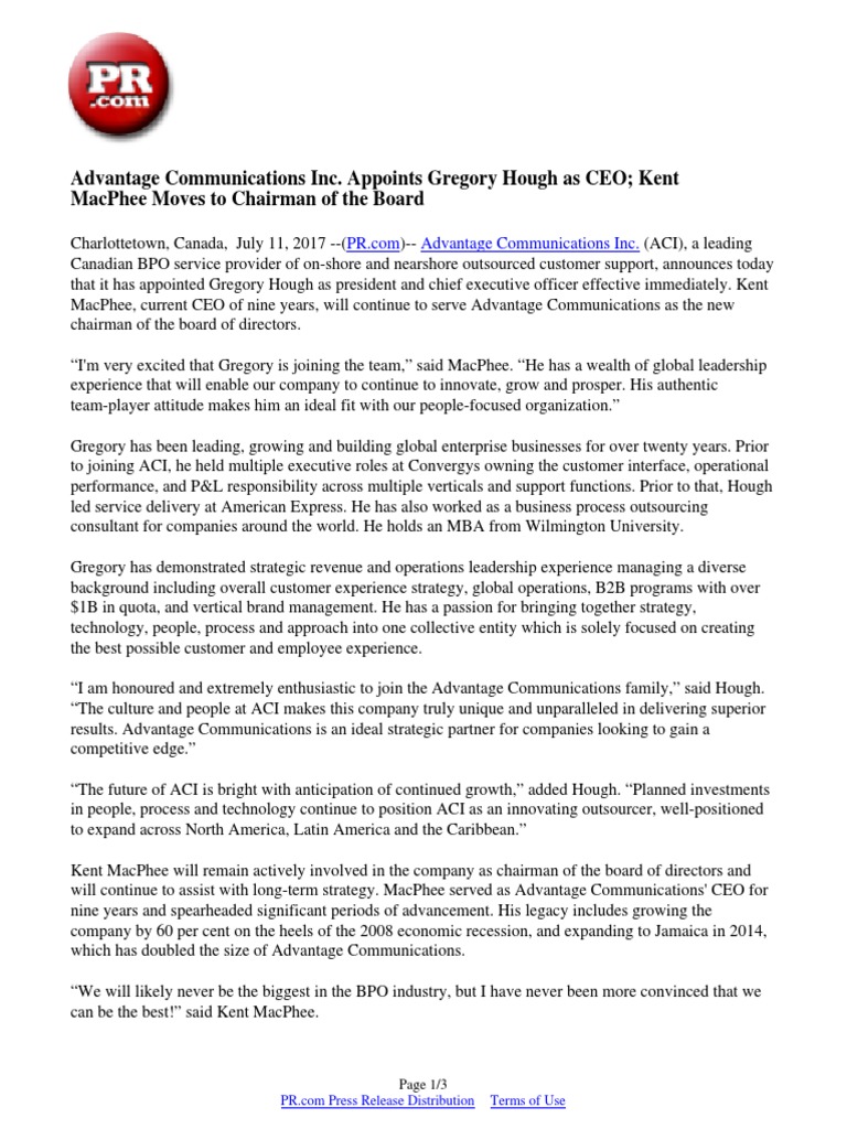 Advantage Communications Inc. Appoints Gregory Hough As CEO Kent ...
