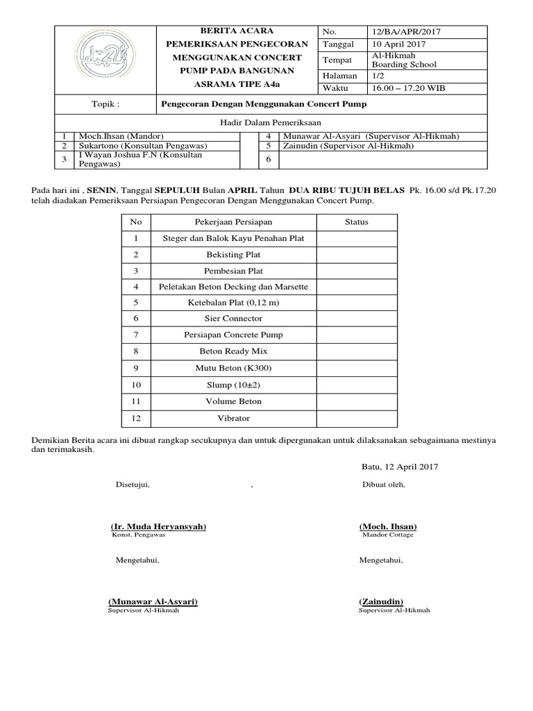 Berita Acara Pengecoran | PDF
