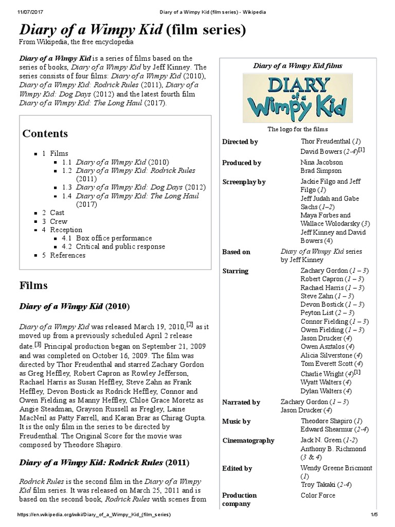 Diary of A Wimpy Kid (Film Series) - Wikipedia | PDF | Fictional ...