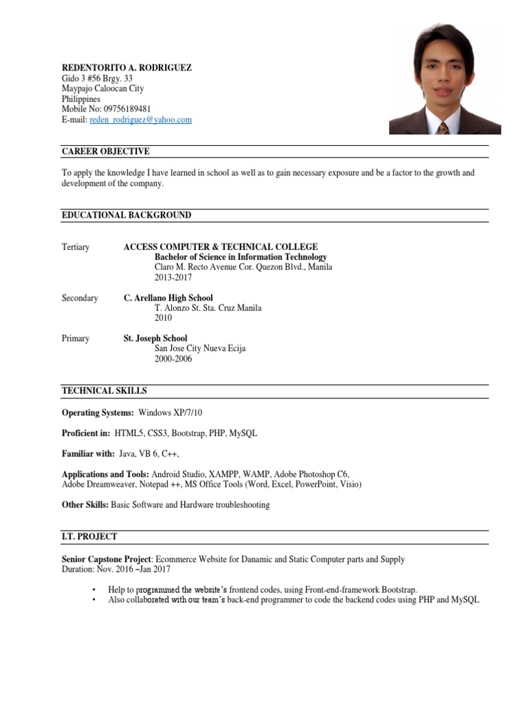 Sample CV Resume For Fresh Grad | PDF | Metro Manila | Computing