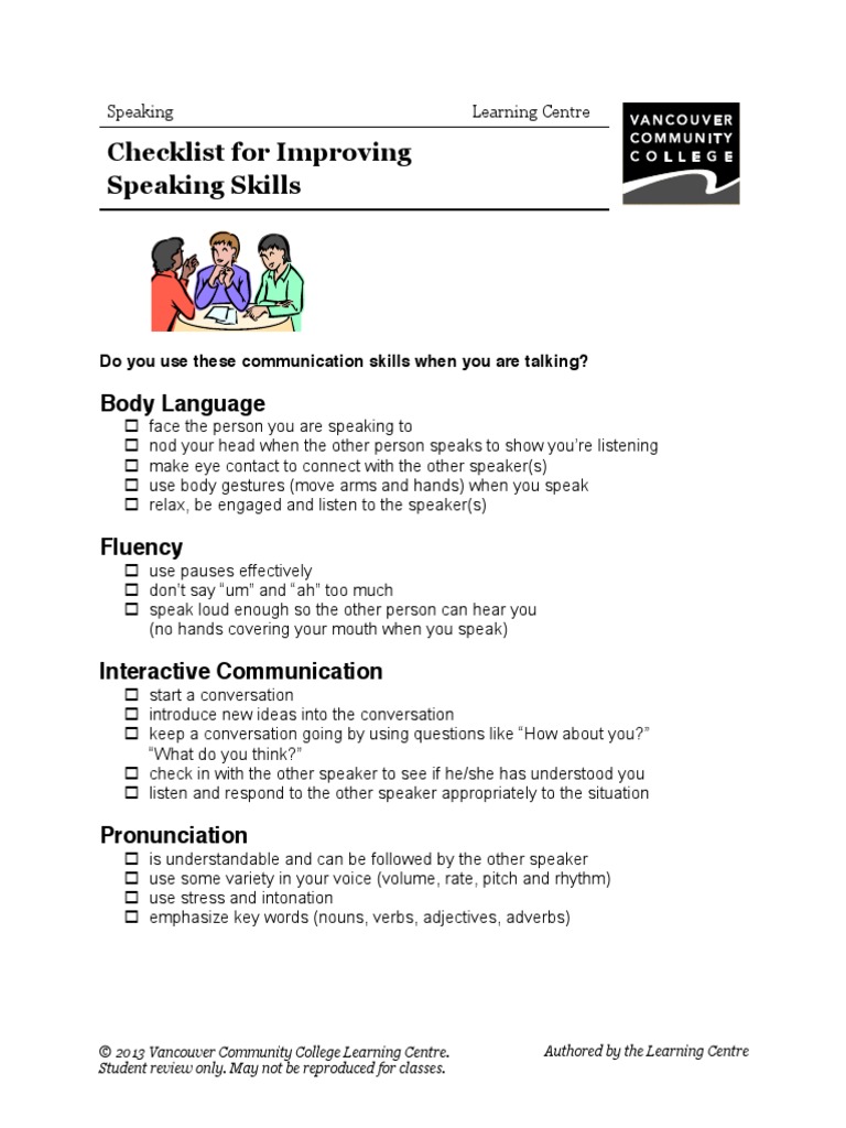 Speaking ChecklistforImprovingSpeakingSkills | Verb | Adverb