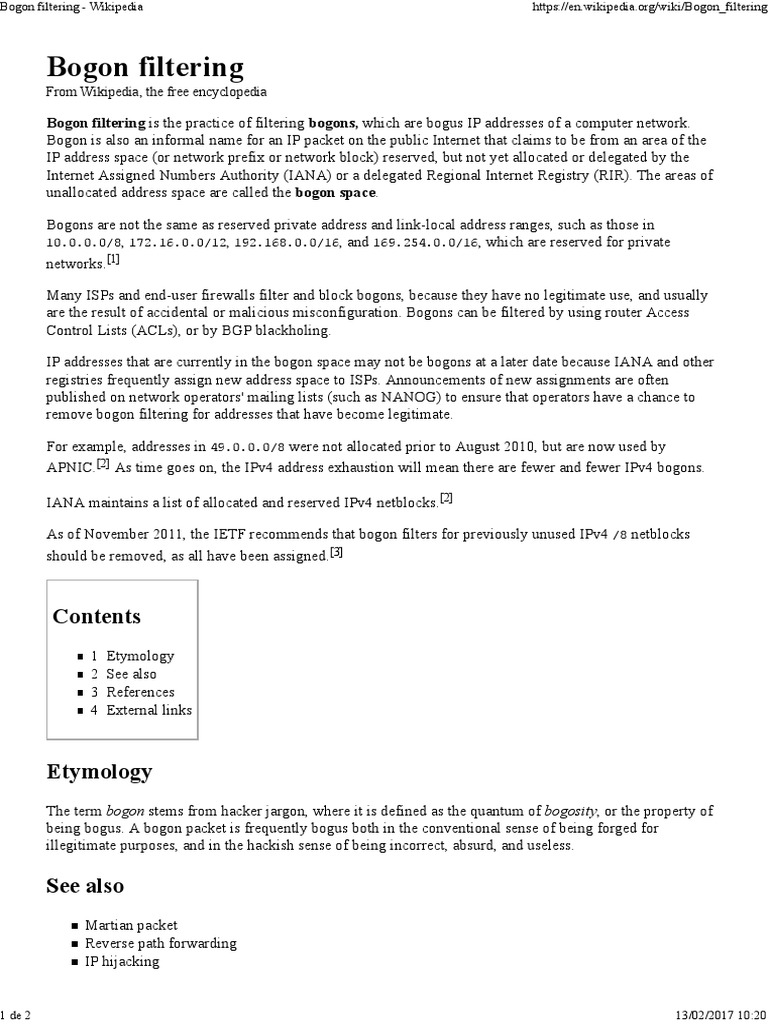 Bogon Filtering | PDF | Wide Area Network | Internet Protocols