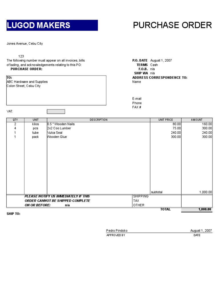 Purchase Order for ABC Hardware | PDF | Invoice | Government Finances