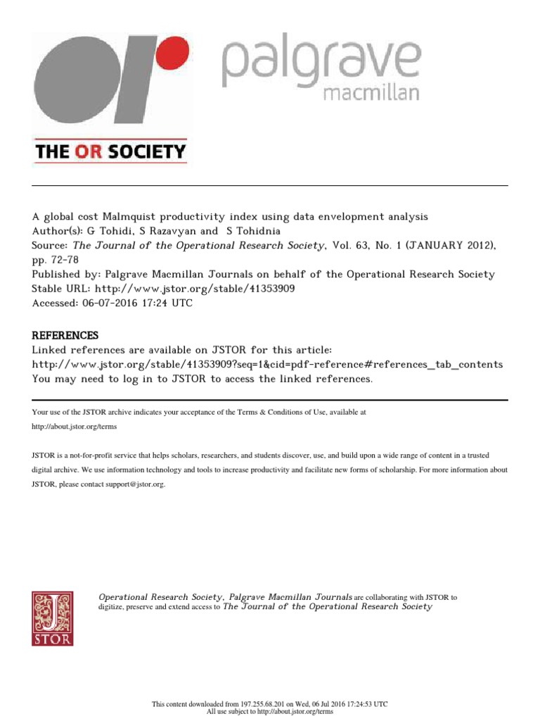A Global Cost Malmquist Productivity Index Using Data Envelopment Analysis | PDF | Linear ...
