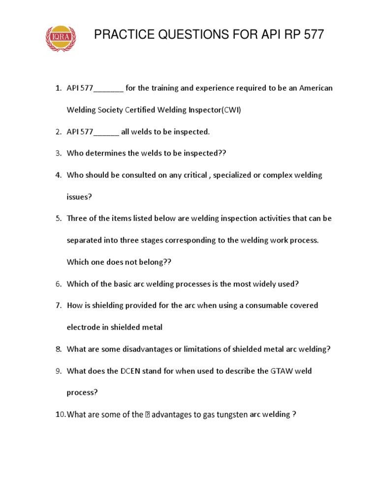 Practice Questions For API RP 577 | PDF | Welding | Construction