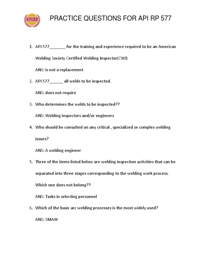 Practice Questions For API RP 577 | PDF | Welding | Construction
