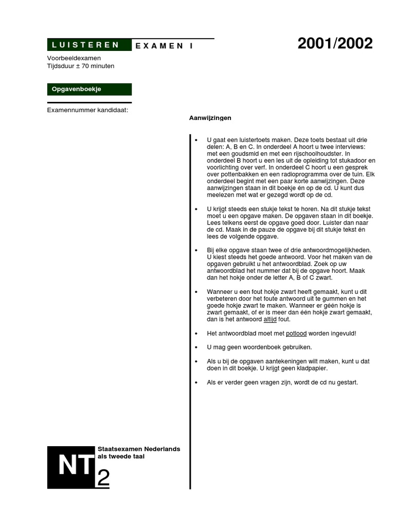 Examen NT2 Luisteren Programma I 2001-2002 | PDF