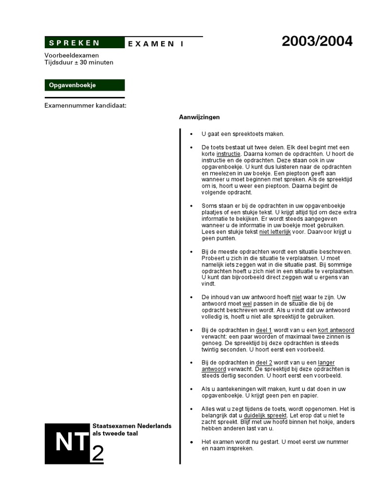 Examen NT2 Programma I Spreken 2003-2004 | PDF