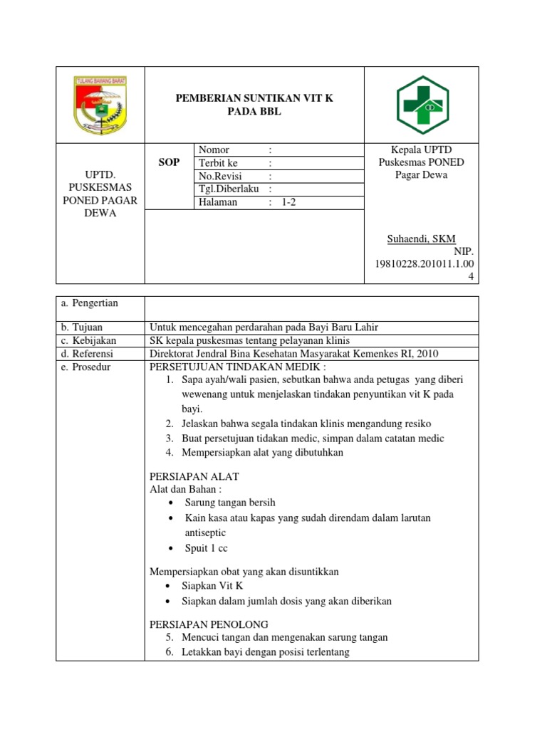 SOP Pemberian Vit. K | PDF