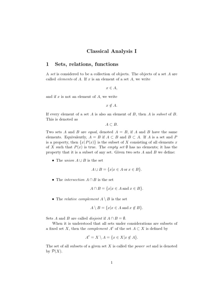 Classical Analysis I 1 Sets, Relations, Functions | PDF | Functions And Mappings | Mathematical ...