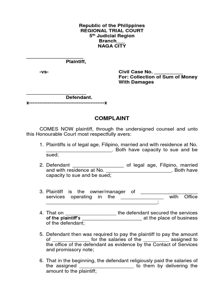 Sample Format of Complaint and Answer Collection of Sum of Money | PDF ...