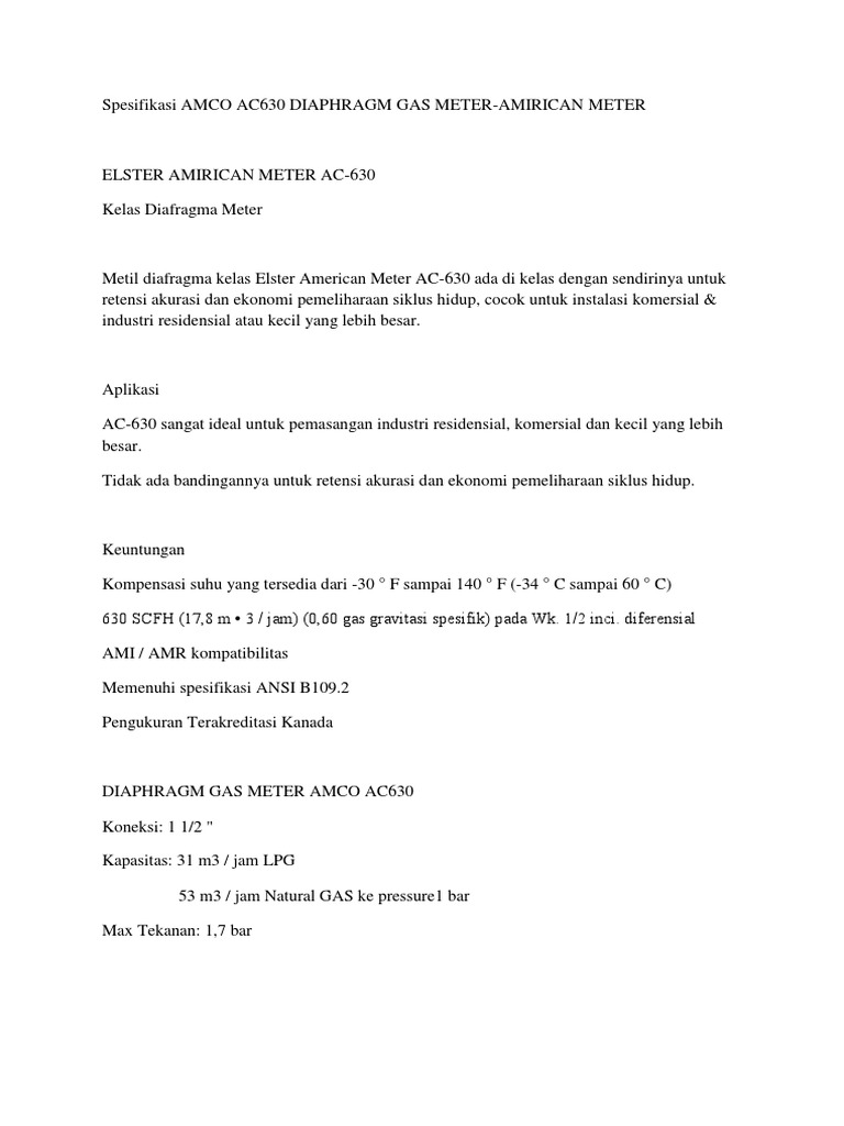 Spesifikasi Gas Meter AMCO AC630 | PDF