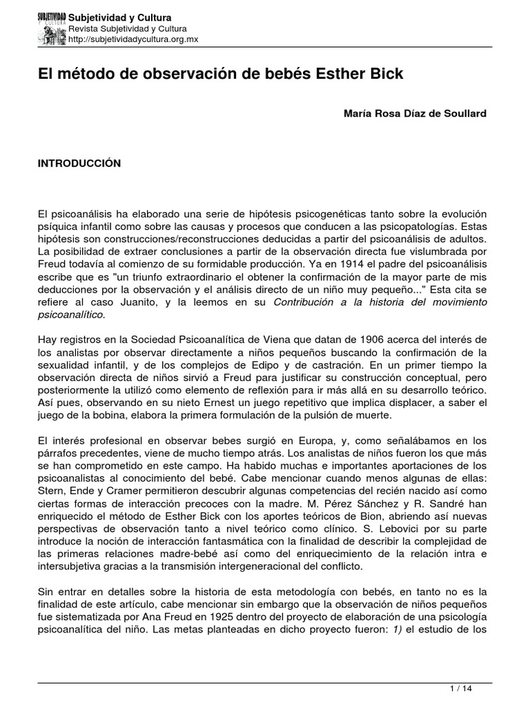 El Metodo de Observacion de Bebes Esther Bick | PDF | Psicoanálisis ...