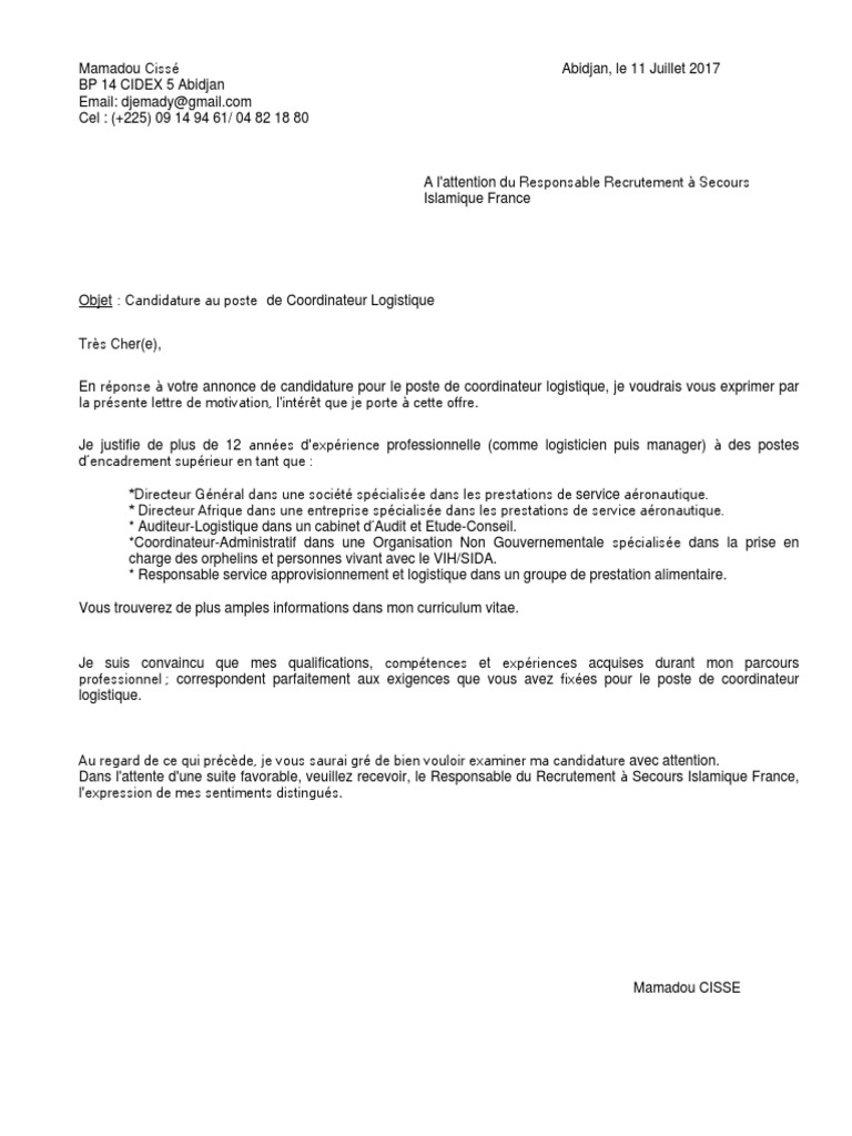 Candidature au poste de Coordinateur Logistique | PDF | Business