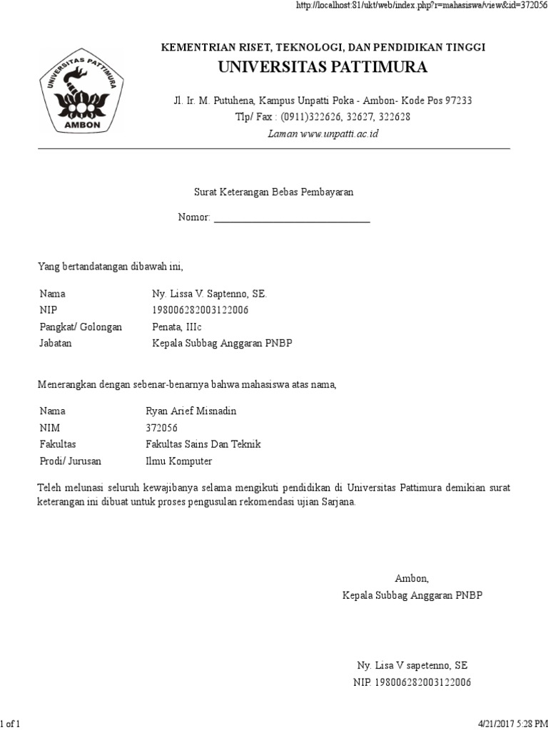 Surat Bebas SPP | PDF