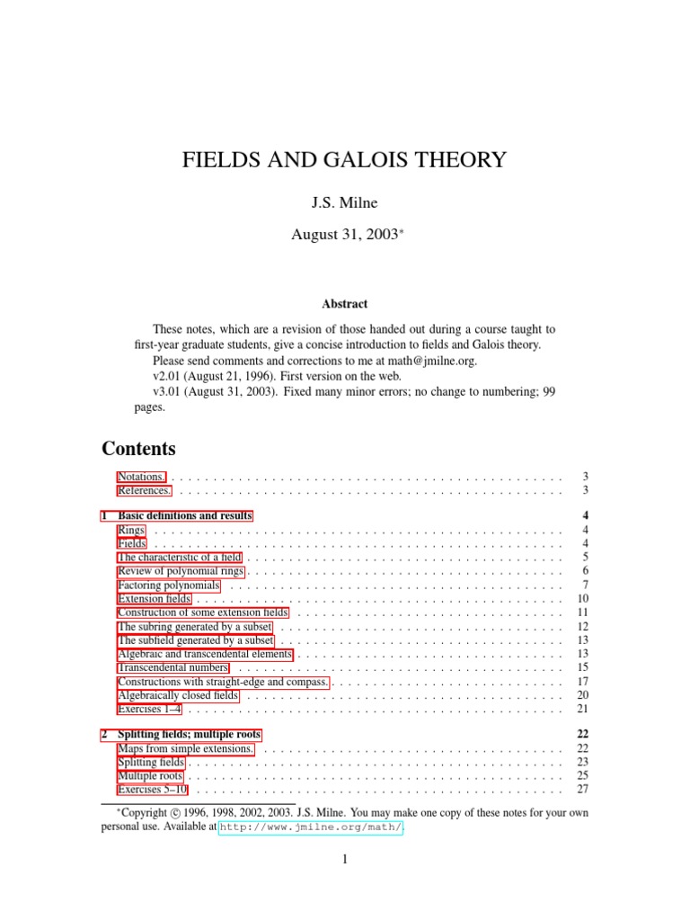 Fields and Galois Theory: J.S. Milne August 31, 2003 | PDF | Field ...
