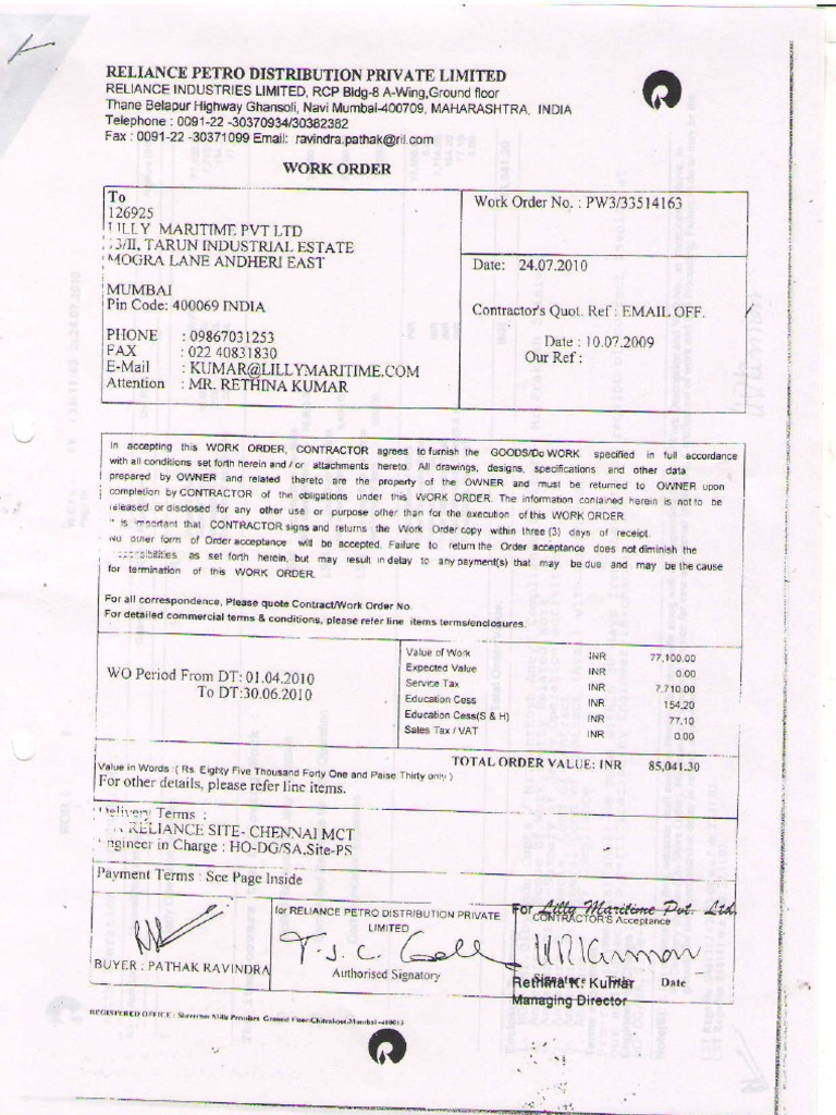 Reliance Work Order | PDF