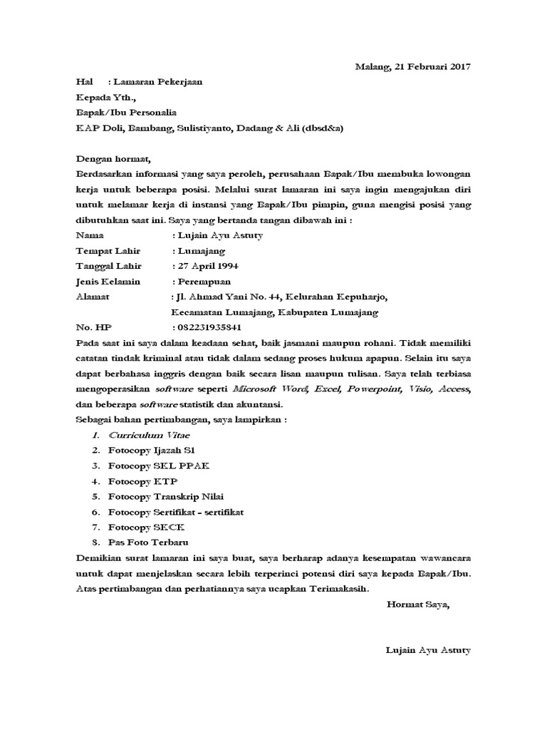 Surat Lamaran KAP Dbsd&A | PDF