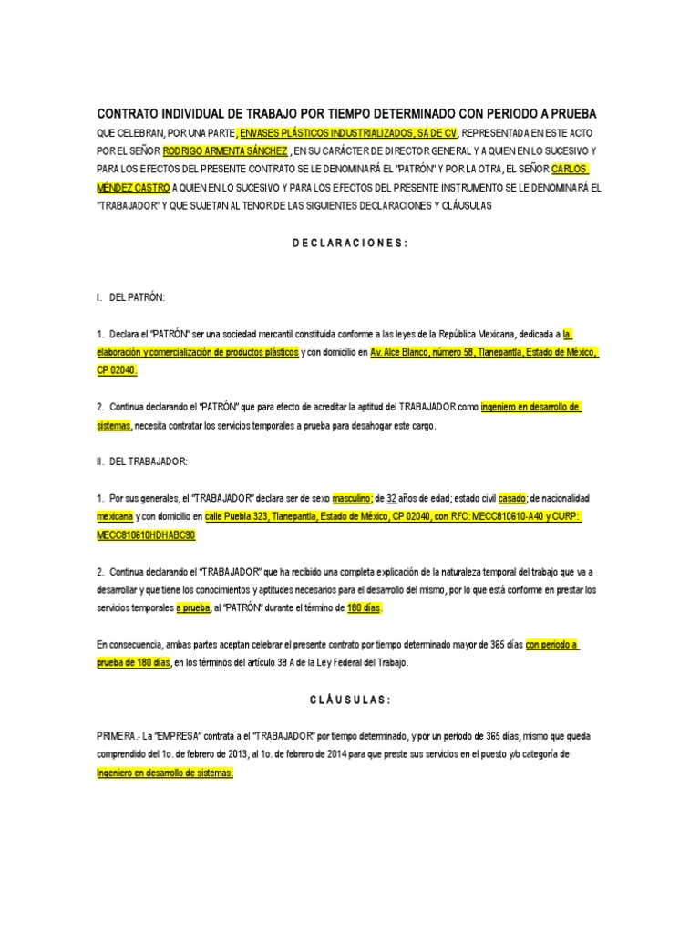 Contrato Individual de Trabajo Por Tiempo Determinado Con Periodo A Prueba | PDF | Salario | México