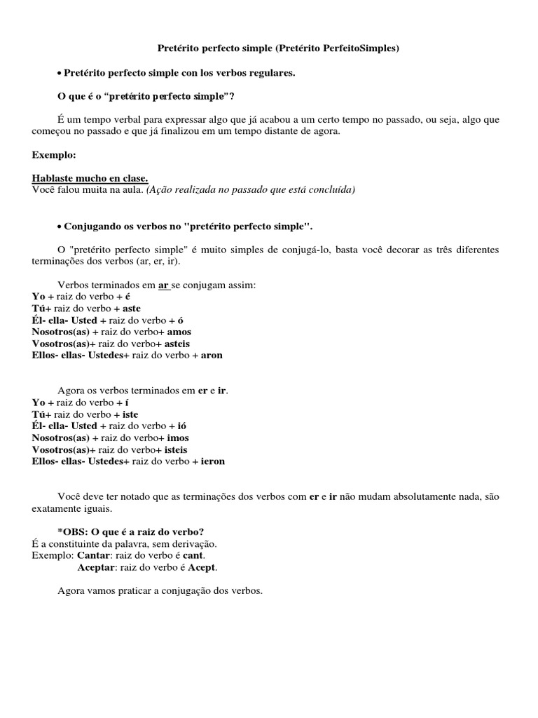 Conjugación del Pretérito Perfecto Simple con verbos regulares | PDF ...