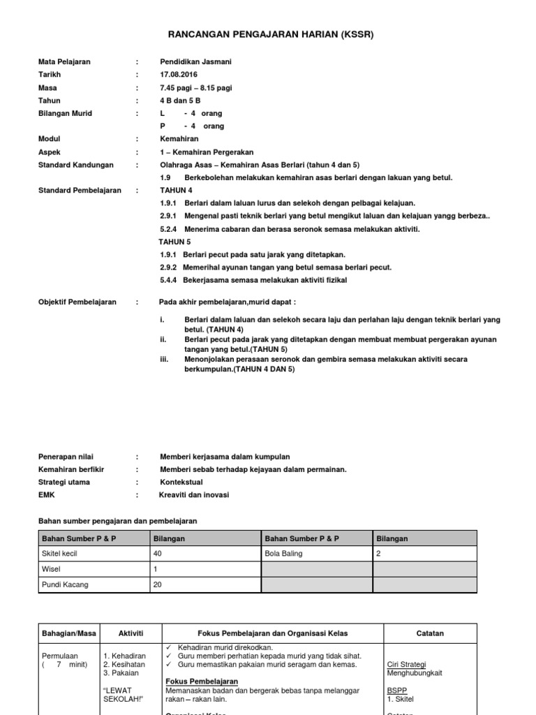RPH PJ Kelas Bercantum Tahun 4 Dan 5 | PDF