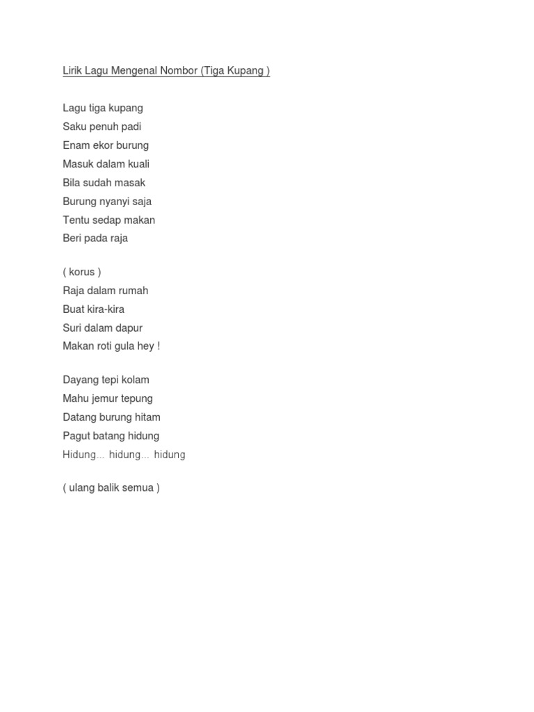 Lirik Lagu Mengenal Nombor (Tiga Kupang) | PDF