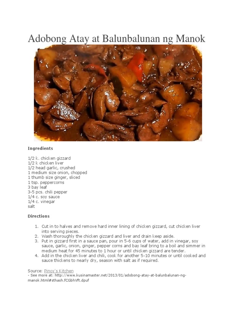Adobong Atay at Balunbalunan NG Manok | PDF