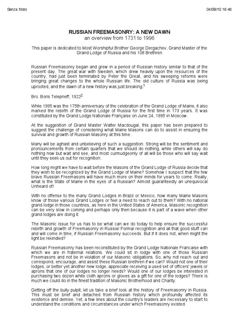 Russian Freemasonry: A New Dawn: An Overview From 1731 To 1996 | PDF ...