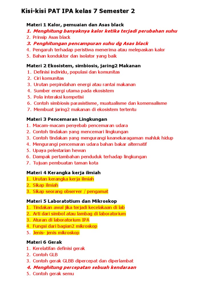 Kisi-Kisi PAS IPA Kelas 7 Sem 2 | PDF