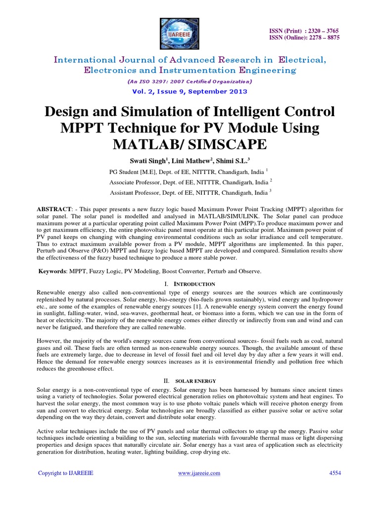 Design and Simulation of Intelligent Control MPPT Technique For PV Module Using MATLAB/ SIMSCAPE ...