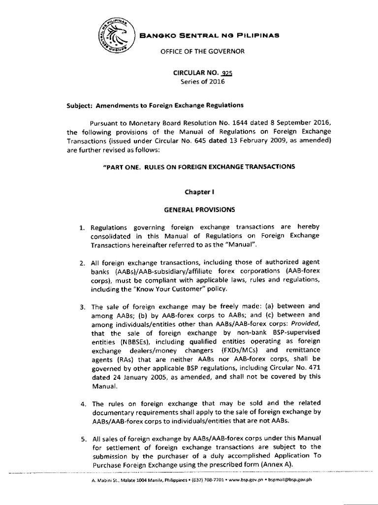BSP Circular No. 925-16 | PDF | Foreign Exchange Market | Financial ...