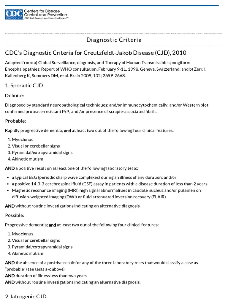 CJD Diagnostic Criteria Overview | PDF | Epidemiology | Neuroscience